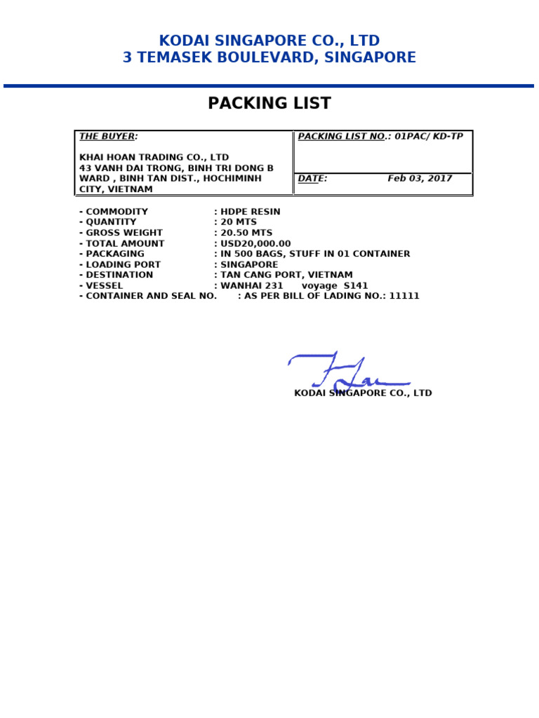 Packing List - DP NK | PDF