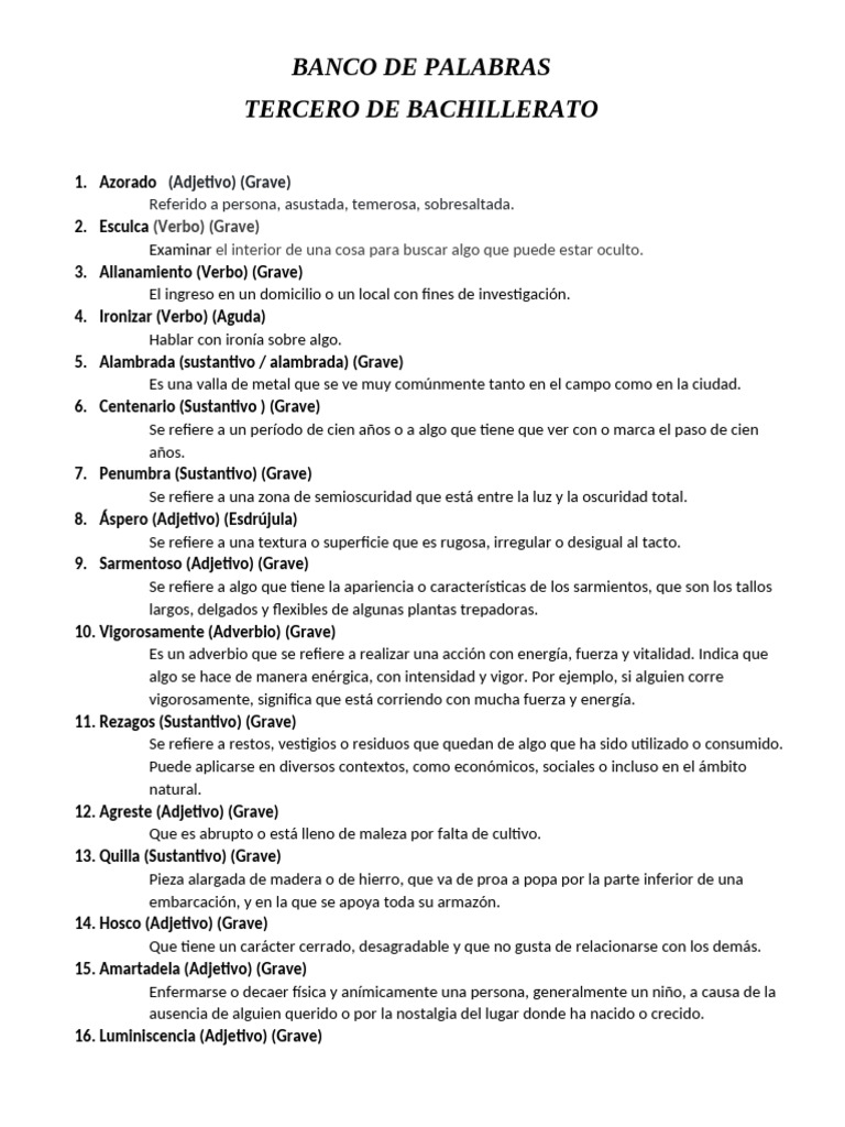 BANCO DE PALABRAS 3ero Bach | PDF | Poesía | Adjetivo