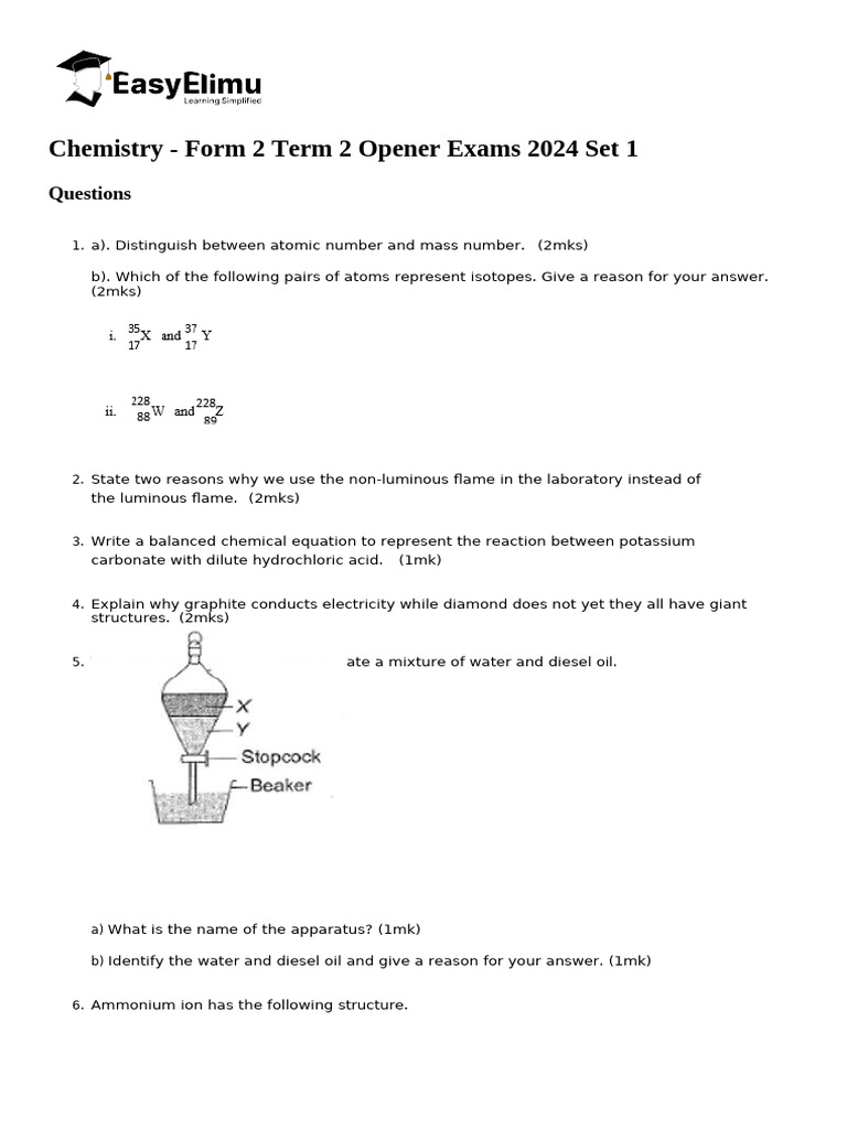 Chemistry - Form 2 Term 2 Opener Exams 2024 Set 1-847 | PDF | Atoms ...