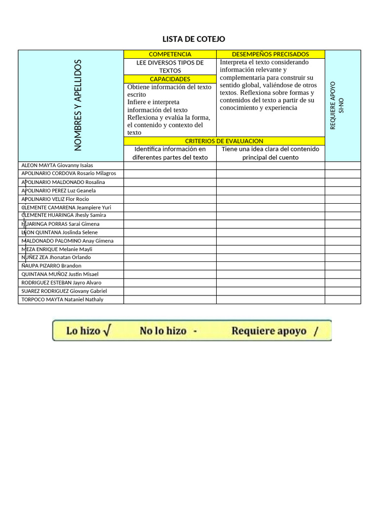 Lista de Cotejo de Evaluación de Lectura | PDF