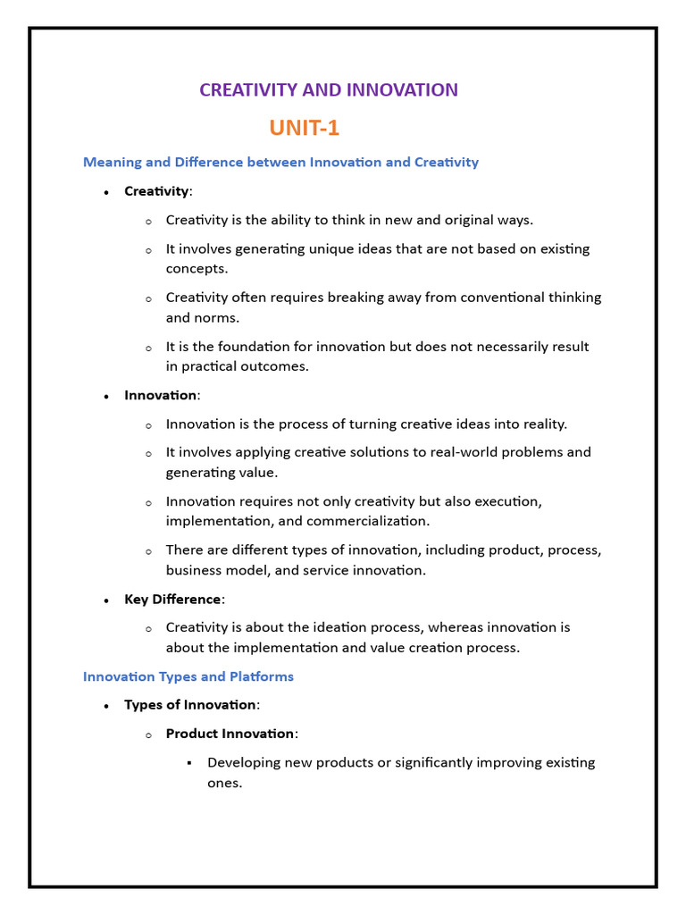 Creativity and Innovation Short Notes | PDF | Entrepreneurship | Innovation
