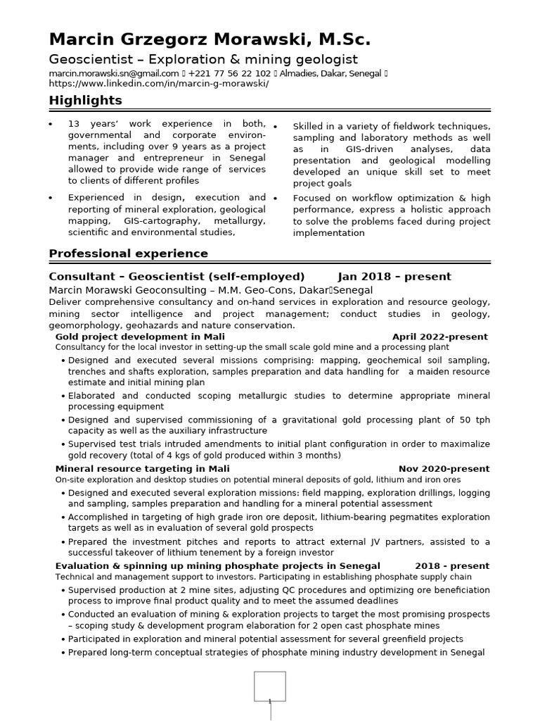 Marcin Morawski: Geoscientist Profile | PDF | Mining | Geology