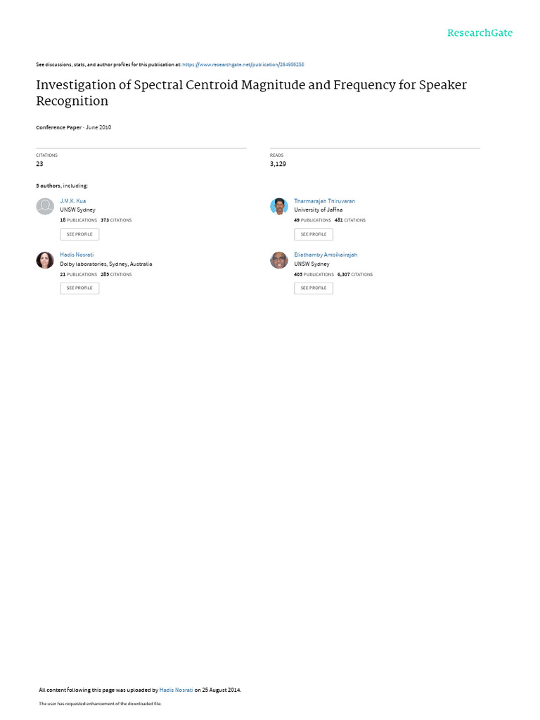 Investigation of Spectral Centroid Magnitude and Frequency For Speaker Recognition | PDF ...