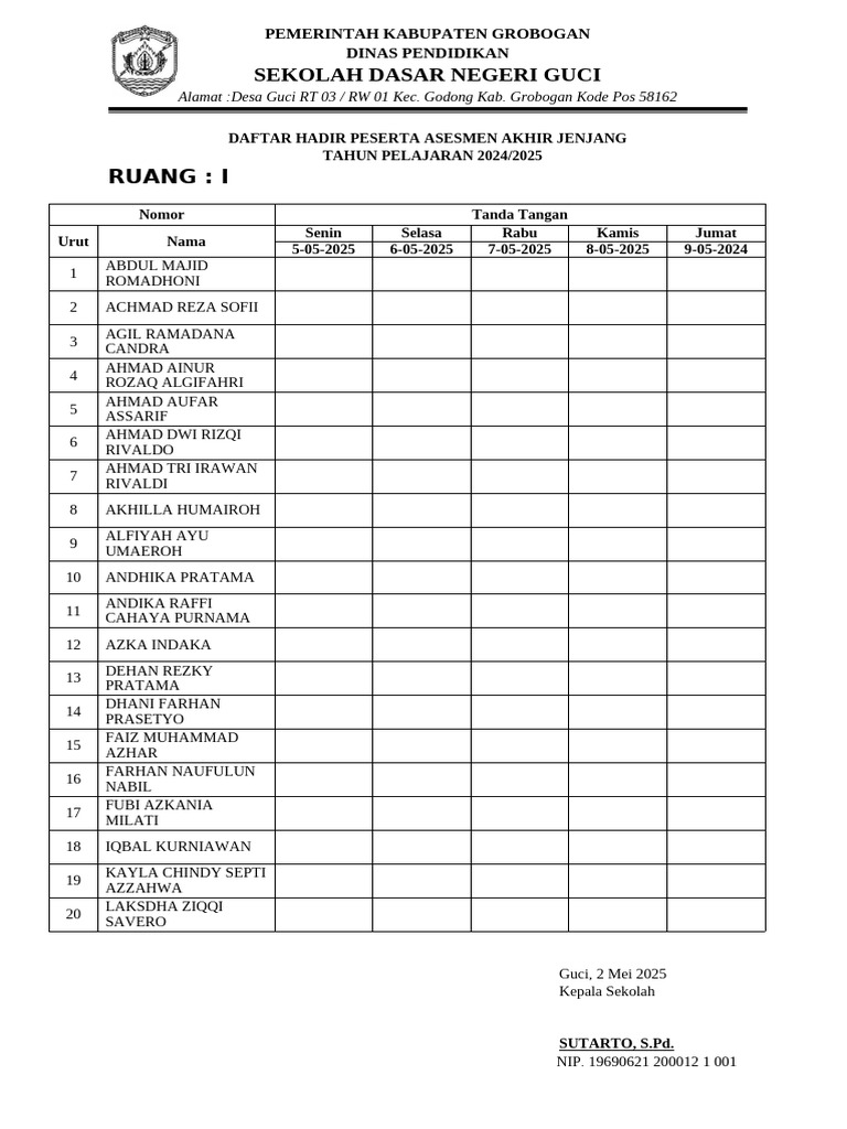 Daftar Hadir Peserta Aaj | PDF