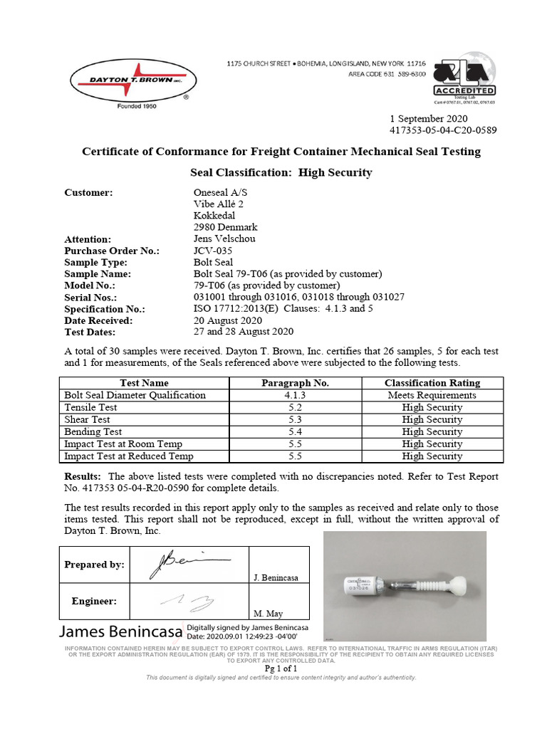 ISO 17712 Compliance Certificate | PDF
