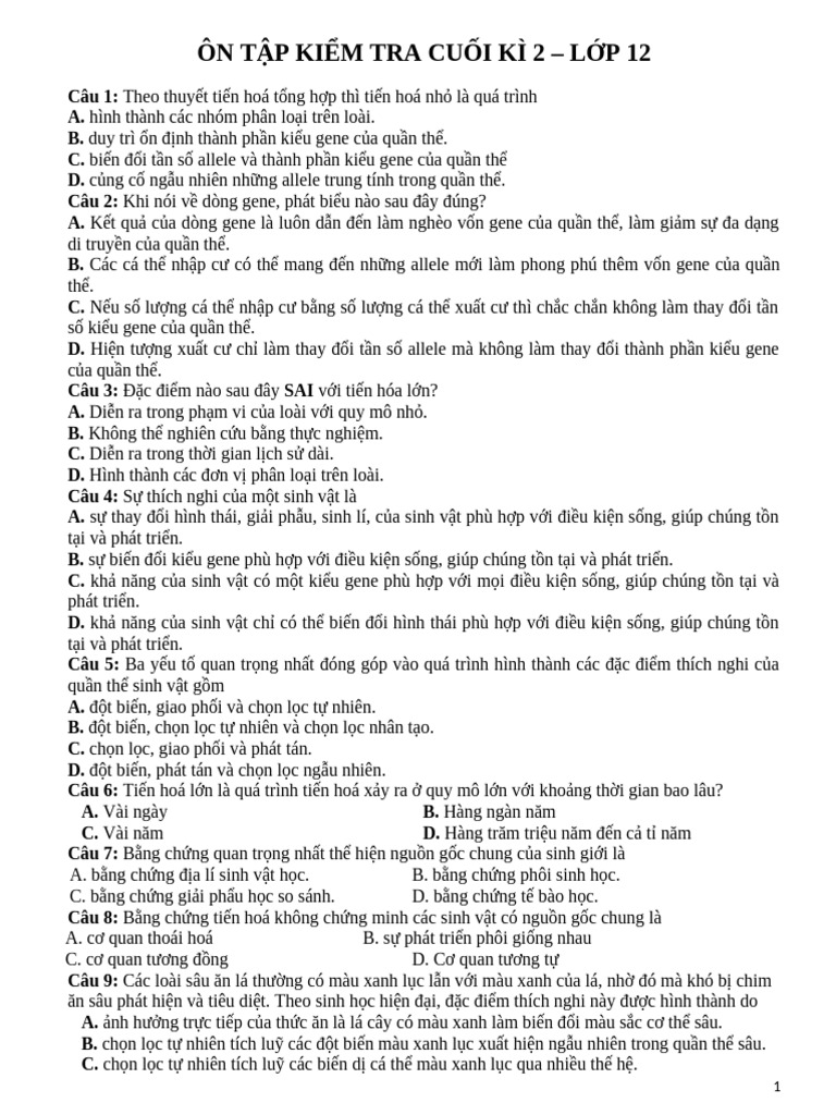 HS On CK2 Sinh 12 | PDF