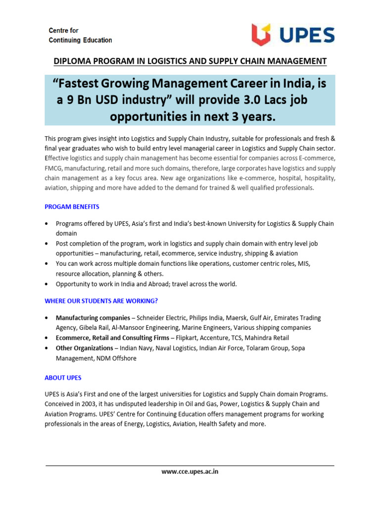 UPES Diploma in Logistics Management | PDF | Logistics | E Commerce