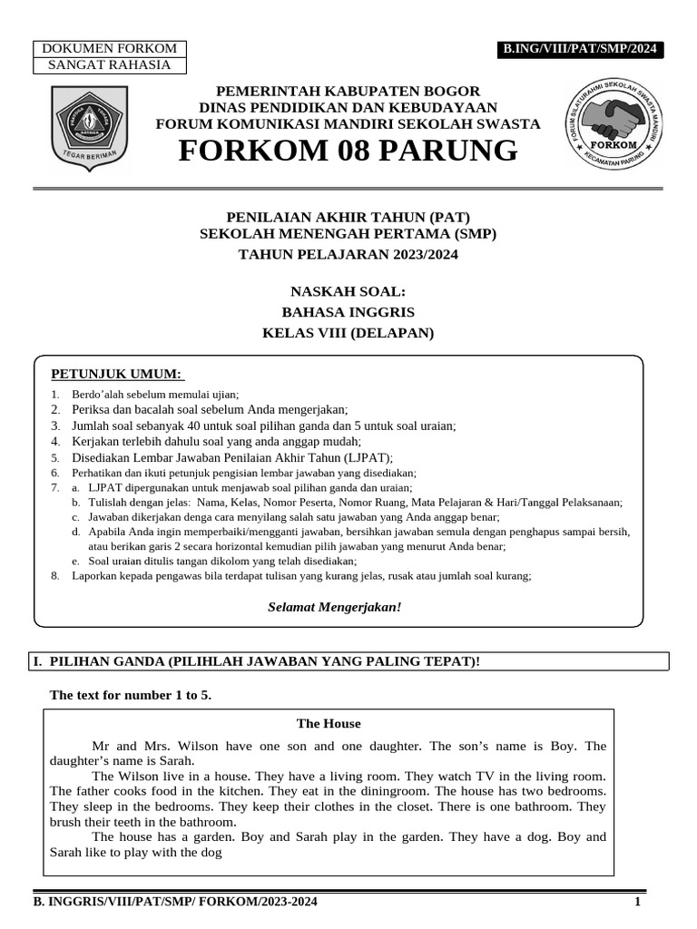 B. Inggris Kelas 8 Ukk Forkom 2023-2024 | PDF