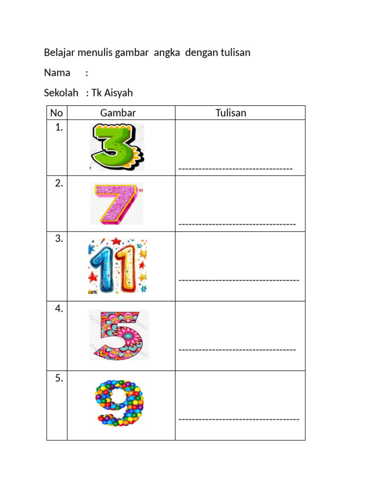 Gambar Belajar Menulis Angka 1-20 | PDF