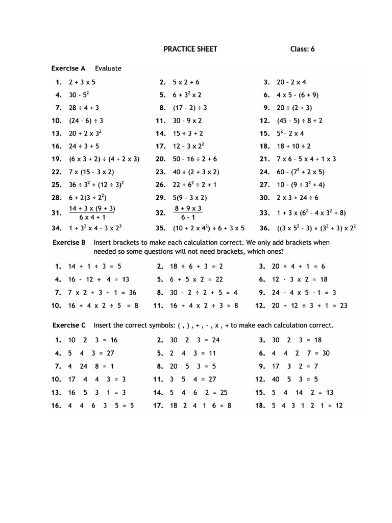 PRACTICE SHEET - BODMAS Class | PDF