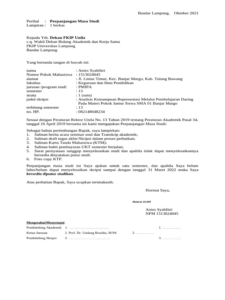 Contoh SURAT PERMOHONAN Perpanjangan Studi | PDF
