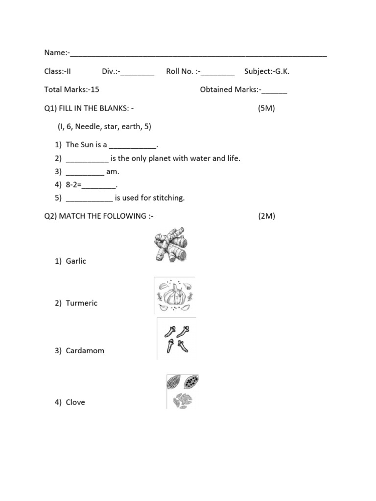 G.K. Worksheet for Class II Students | PDF