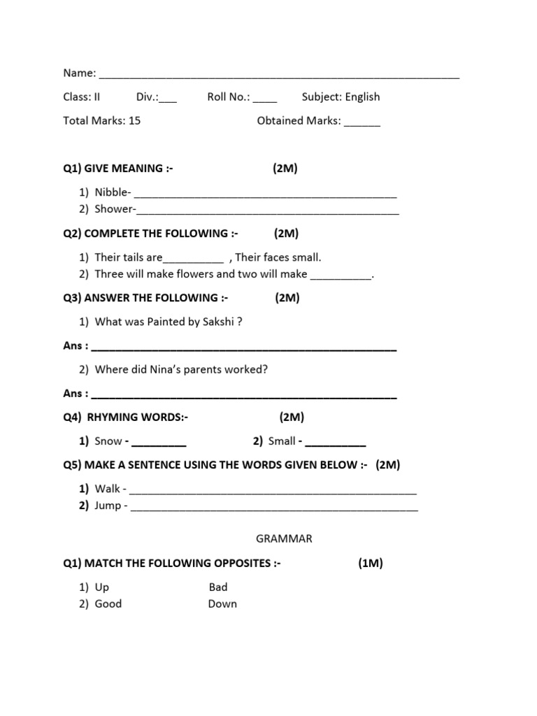 Eng Class 2 Unit Test | PDF