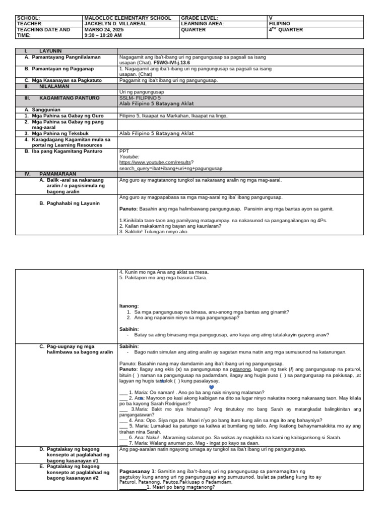 Lesson Plan in Filipino 5 | PDF