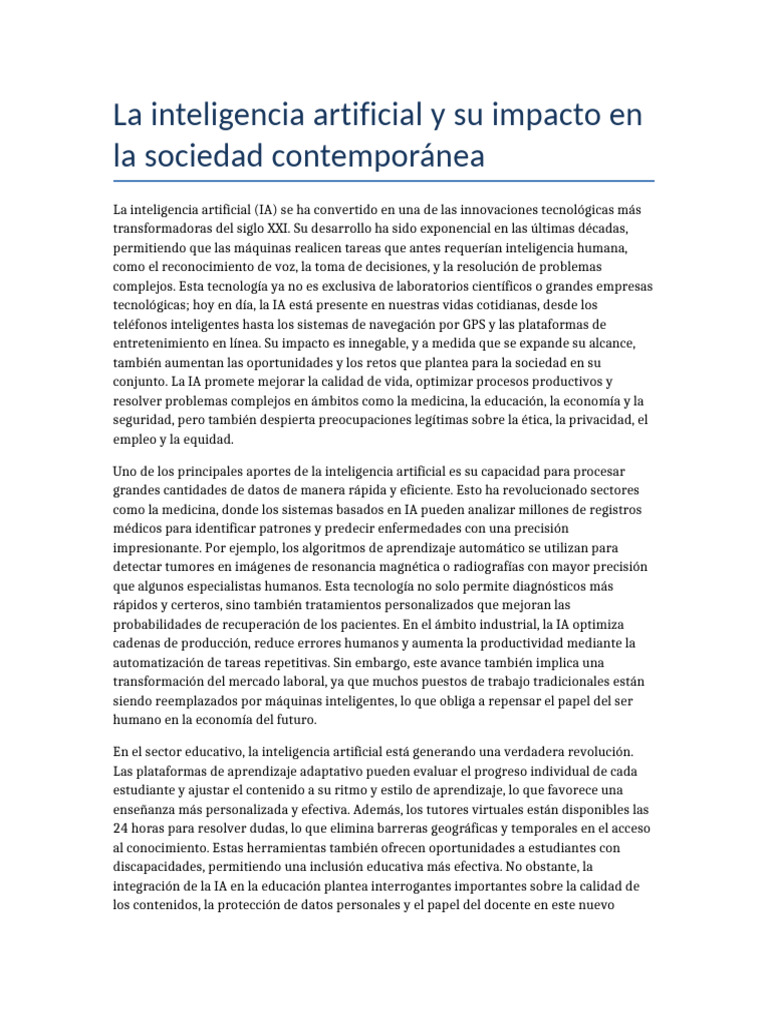 Ensayo Extenso Inteligencia Artificial | PDF | Inteligencia artificial | Inteligencia (IA) y ...