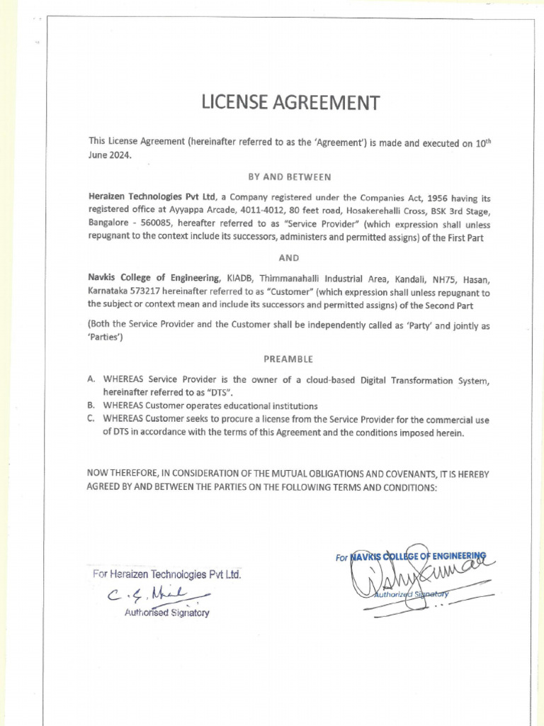 License Agreement Navkis College of Engineering | PDF