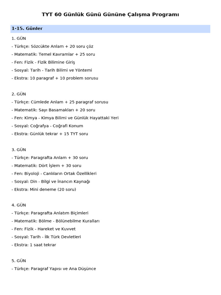 TYT 60 Gunluk Calisma Programi TAM | PDF