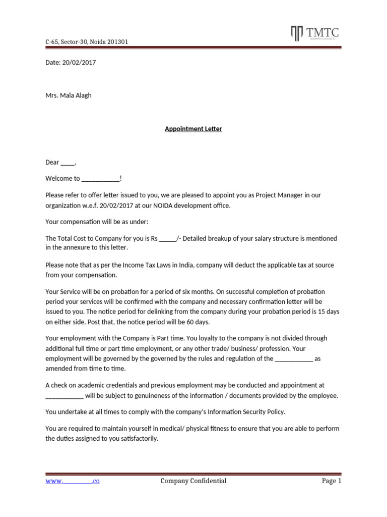 Project Manager Appointment Letter | PDF | Employment | Business
