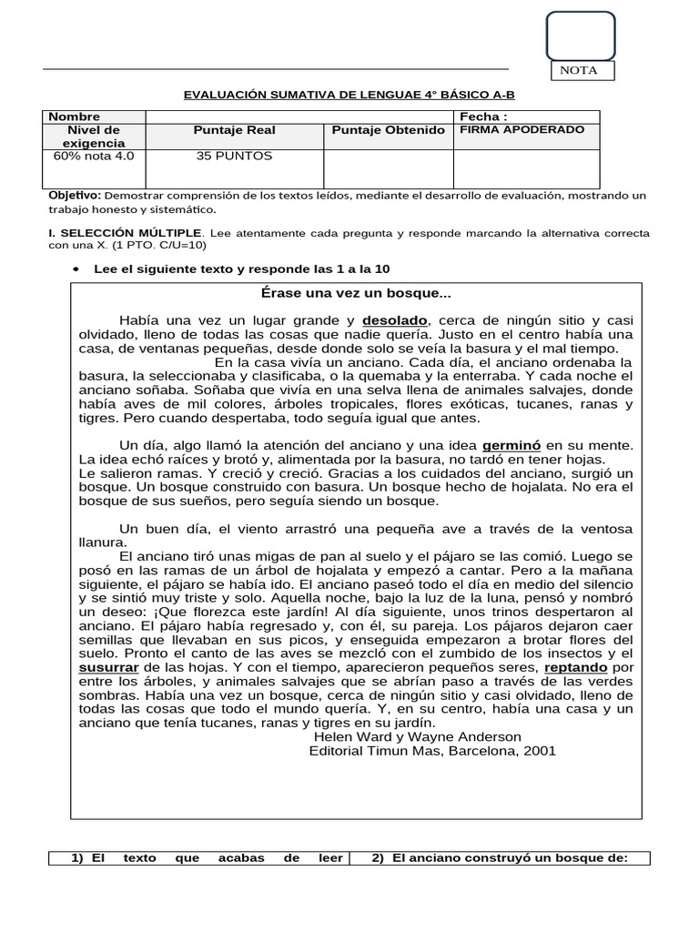 EVALUACIÓN SUMATIVA LENGUAJE UNIDAD 2.1 | PDF