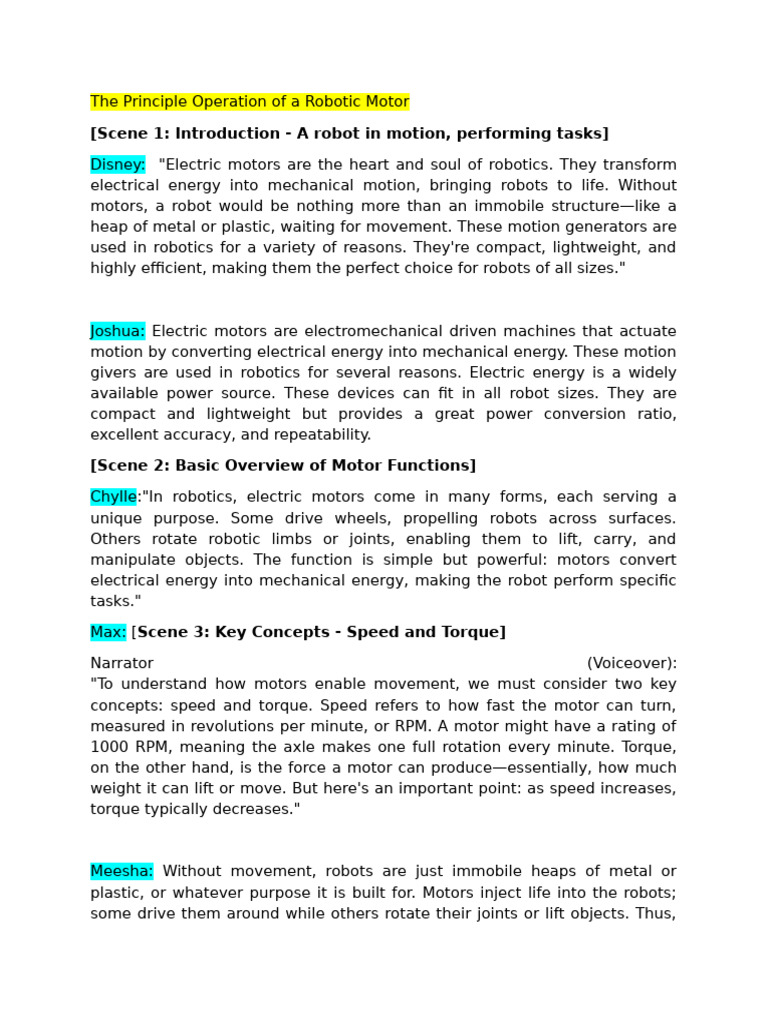The Principle Operation of A Robotic Motor Script | PDF | Electric ...