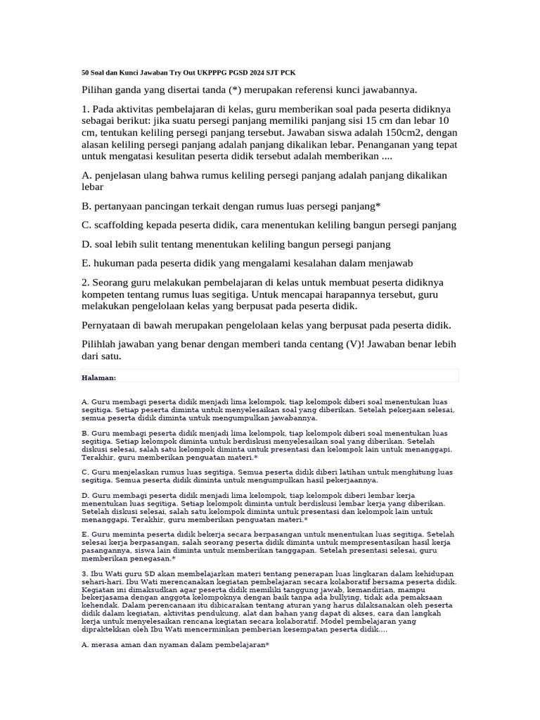 50 Soal Dan Kunci Jawaban Try Out UKPPPG PGSD 2024 | PDF