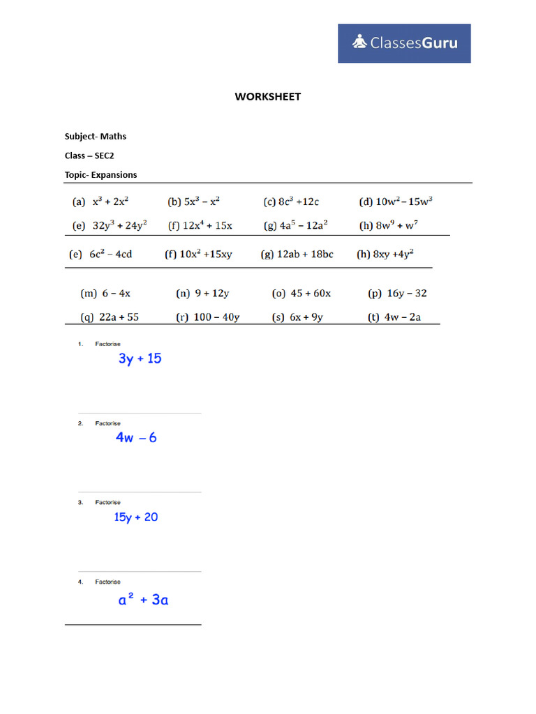 Worksheet: Subject-Maths Class - SEC2 Topic - Expansions | PDF