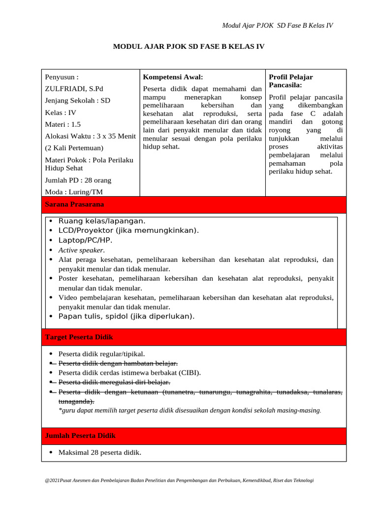 MODUL AJAR PJOK - SD - Pola Prilaku Hidup Sehat - Fase B - Kelas 4 | PDF