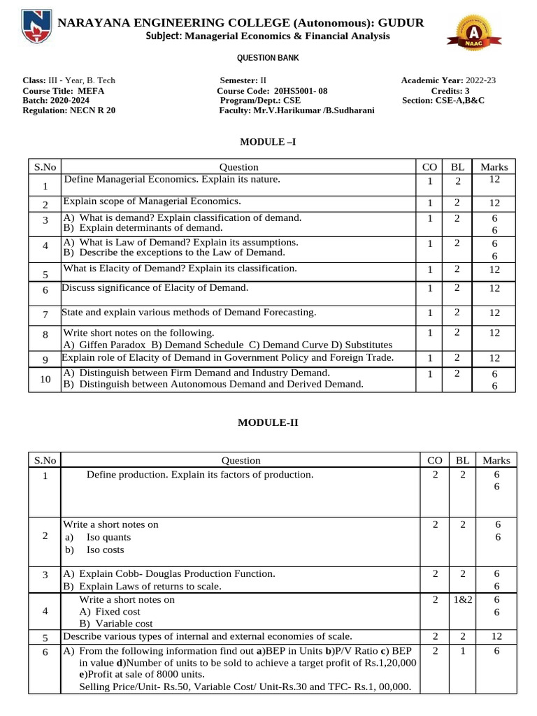 MEFA Question Bank for B.Tech CSE | PDF | Net Present Value | Business