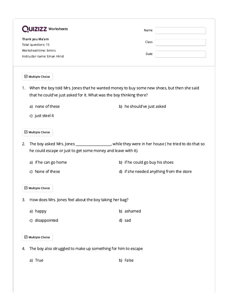 "Thank You Ma'am Worksheet Answers" | PDF