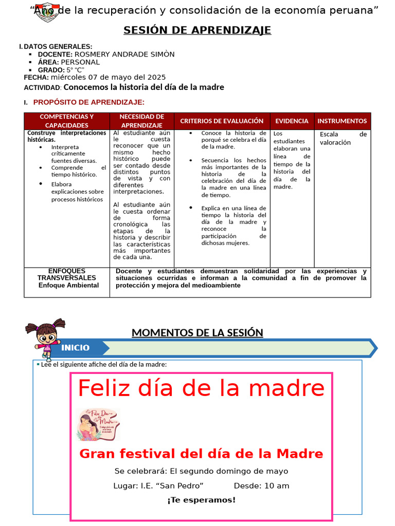 Sesión Personal 07-05 Conocemos La Historia Del Dia de La Madre | PDF ...