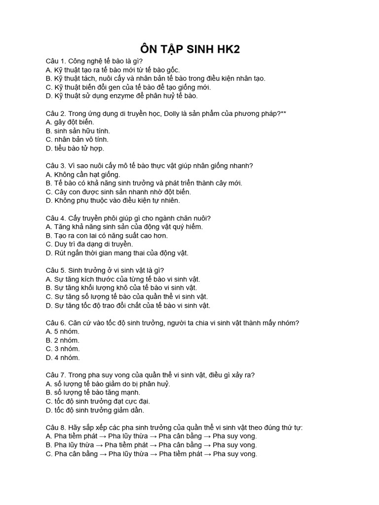 ĐỀ CƯƠNG SINH HK2 | PDF