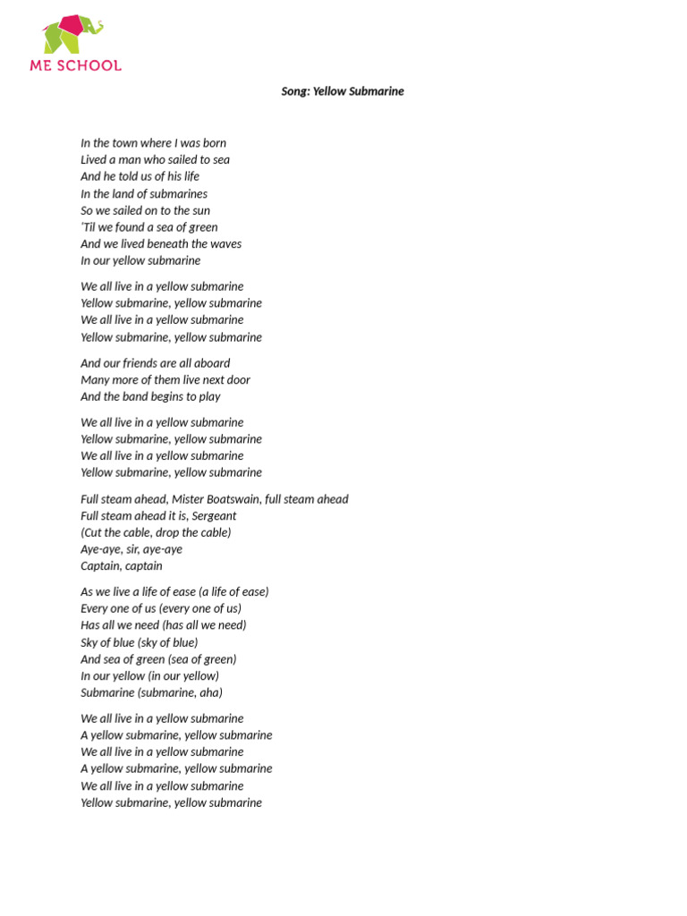 Yellow Submarine Lyrics Printable | PDF