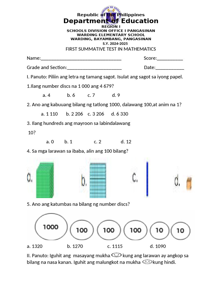 Q1 2024 Second SUMMATIVE TEST Grade 3 MATHEMATICS | PDF