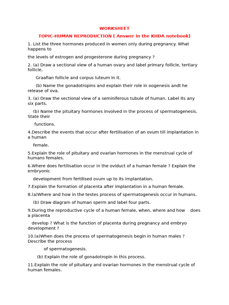 Worksheet-Human Reproduction | PDF | Menstrual Cycle | Ovary