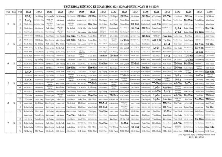 THỜI KHÓA BIỂU HKII NĂM HỌC 2024-2025 (ÁP DỤNG NGÀY 28-4-2025) | PDF