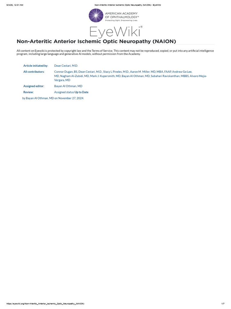 Non-Arteritic Anterior Ischemic Optic Neuropathy (NAION) - EyeWiki ...