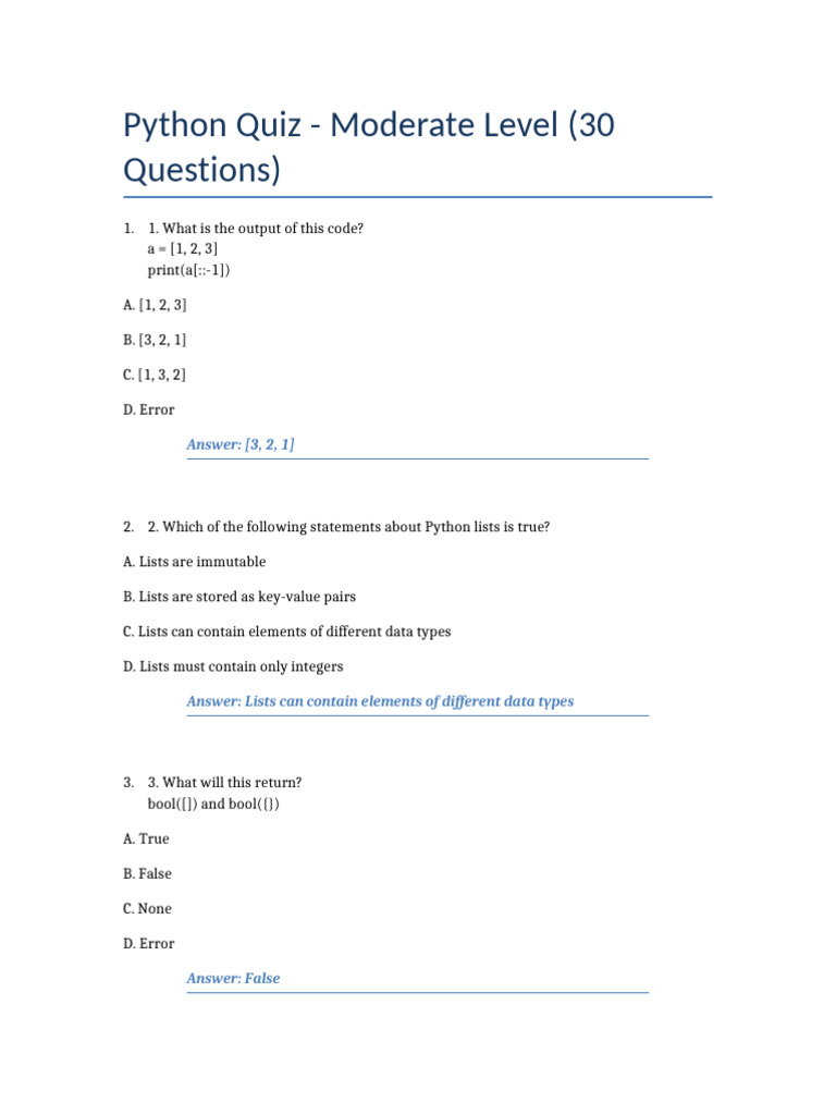 Python Quiz 30 Questions Moderate Level | PDF | Class (Computer Programming) | Method (Computer ...