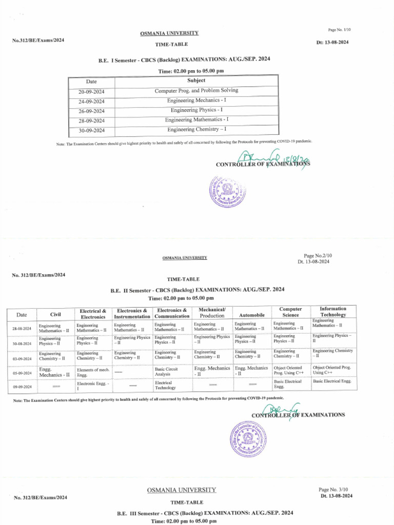 OU B.E (CBCS) Time Tables Aug Sept 2024 | PDF
