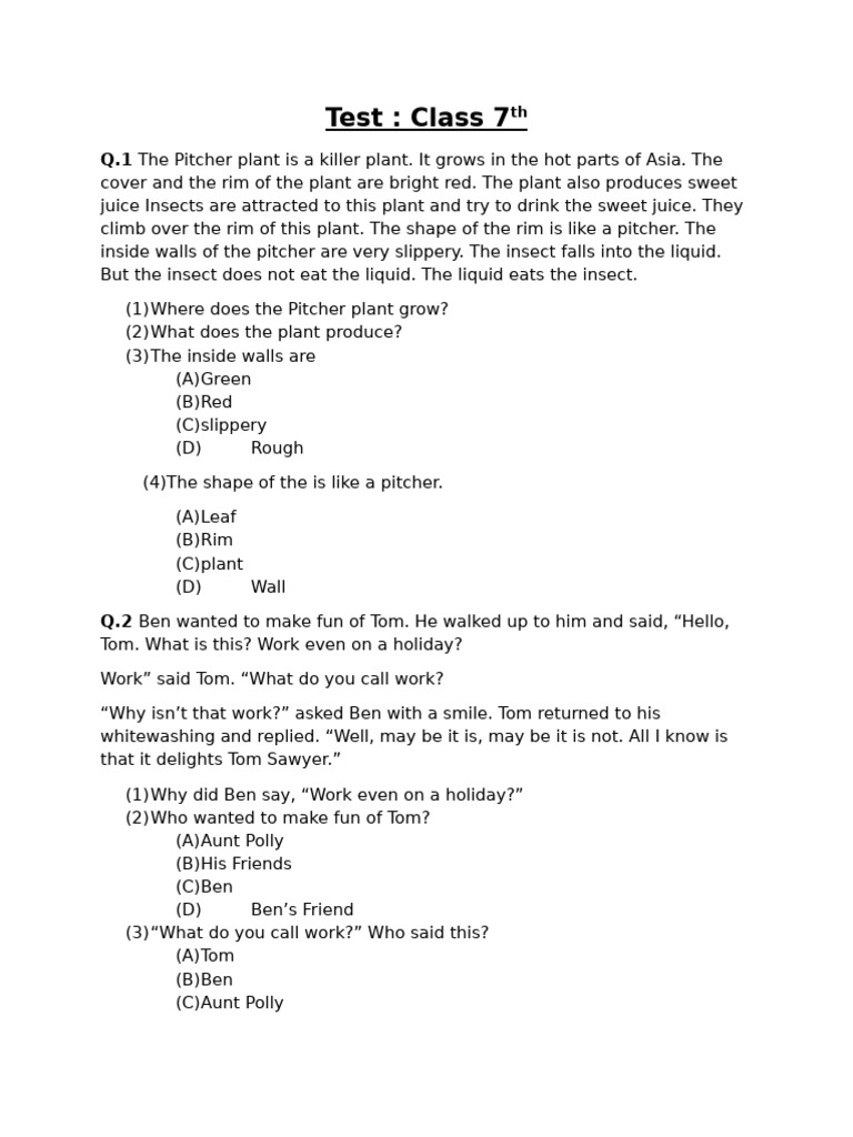 Class 7 Test: Science & Language Skills | PDF