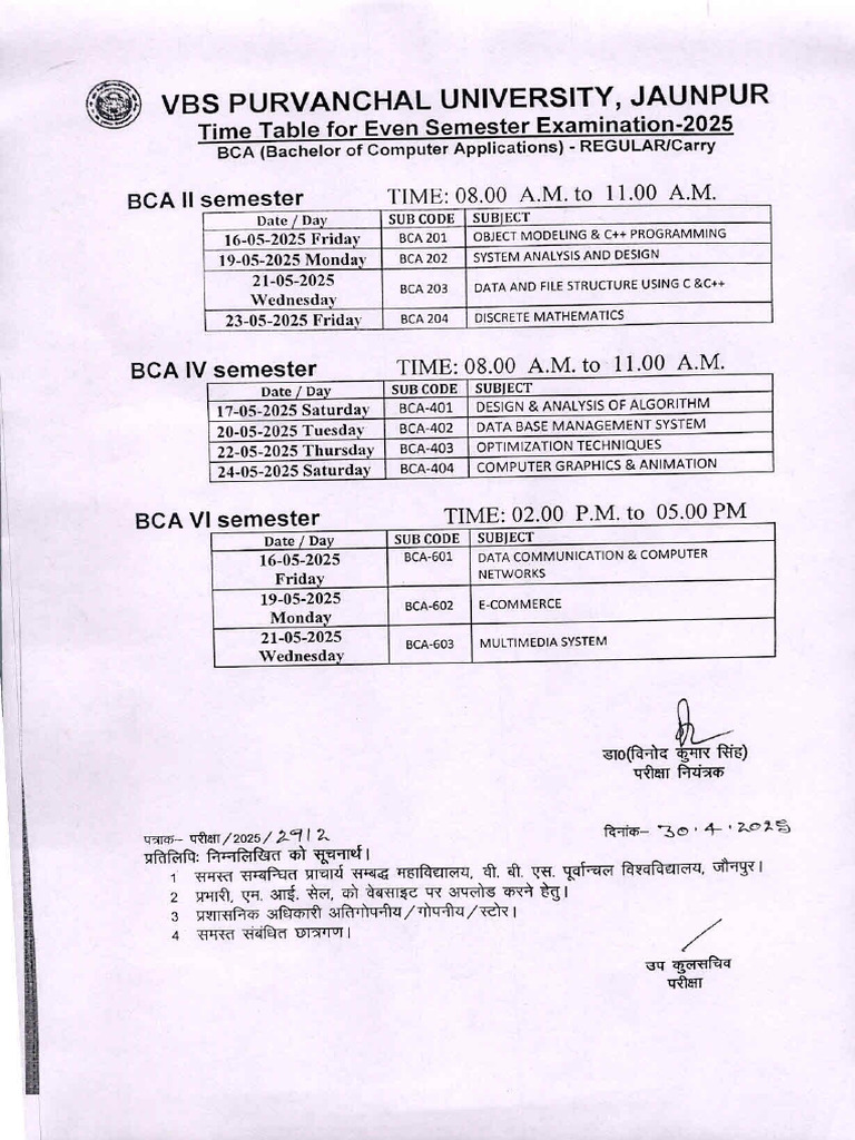 BBA BCA Semester Exam Schedule Even 2024-25 | PDF