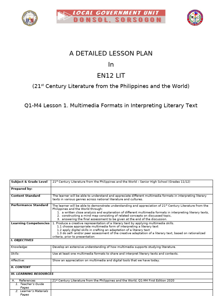 Detailed Lesson Plan, EN12Lit Mm | PDF | Multimedia | Learning