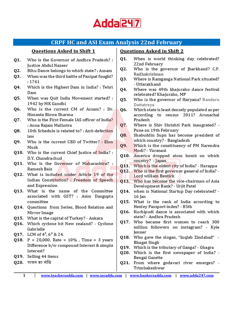 CRPF ASI Exam Questions Analysis | PDF | Politics Of India
