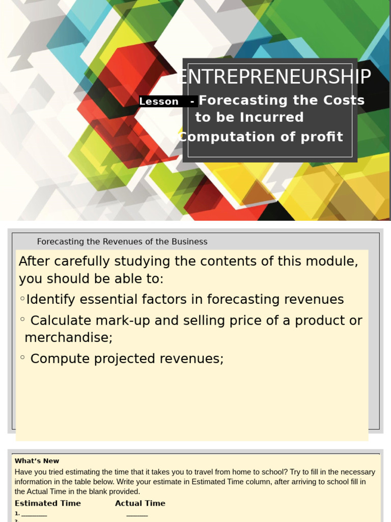 Entrepreneurship Q2 WK2 2 | PDF | Profit (Economics) | Forecasting