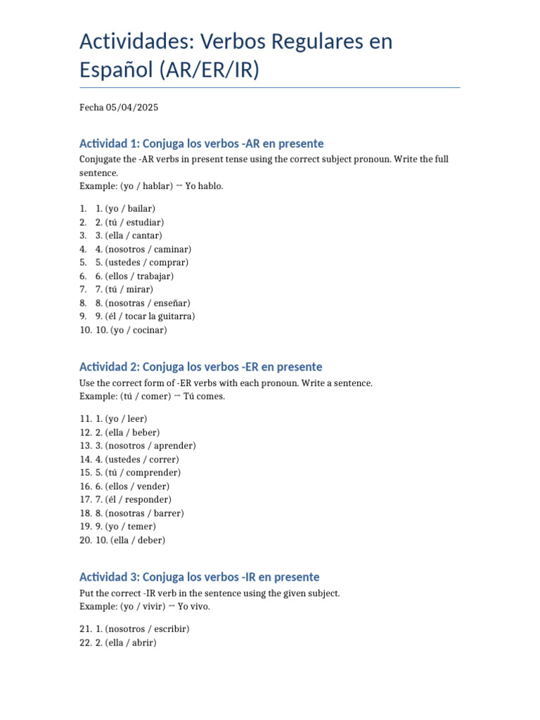 Actividades Verbos Regulares Espanol | PDF | Gramática | Sintaxis