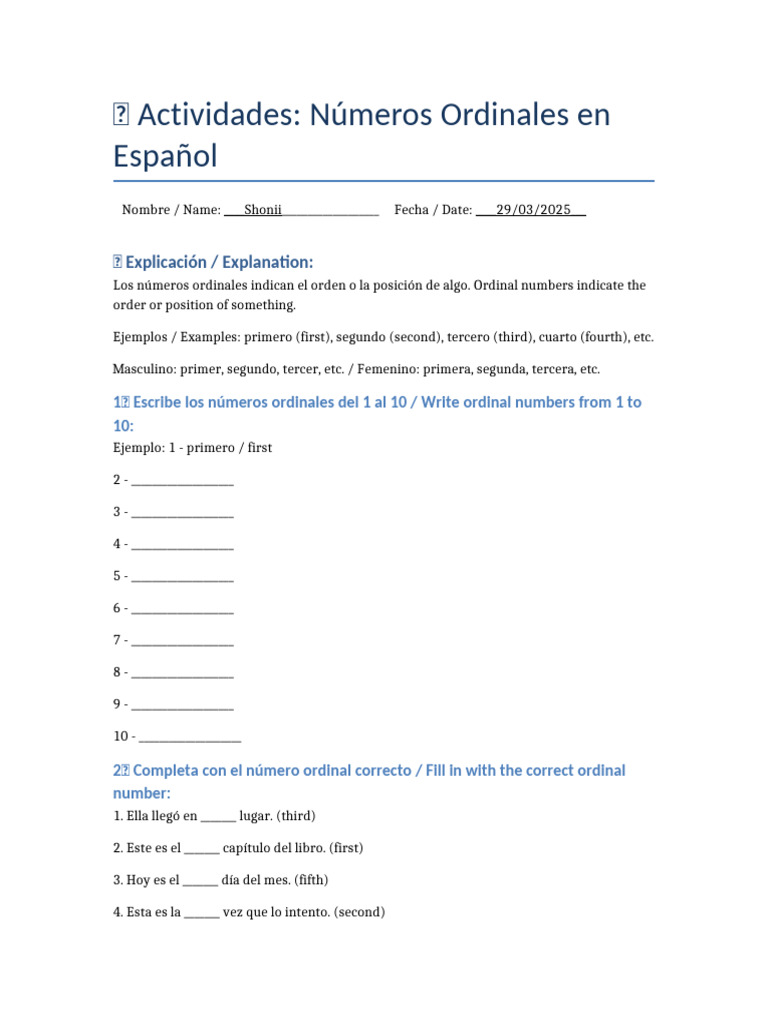 Ejercicios de Números Ordinales para Niños | PDF