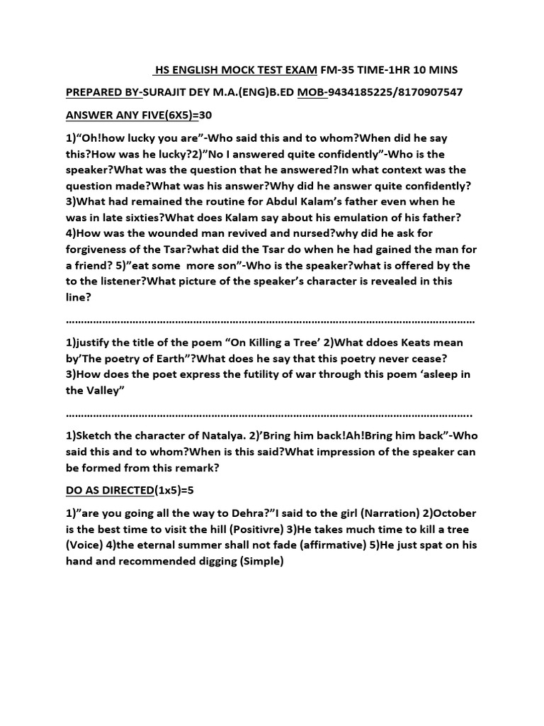 HS English Second Mock Test 2025 | PDF