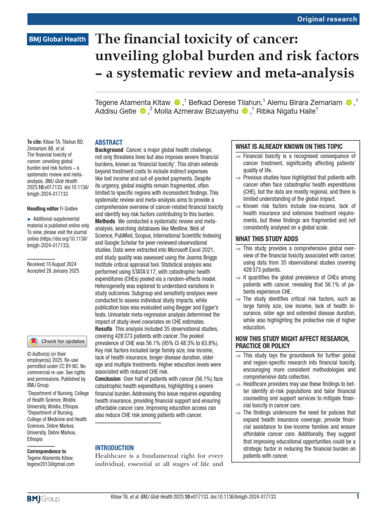 The financial toxicity of cancer Meta-Analysis 2025 | PDF | Systematic ...