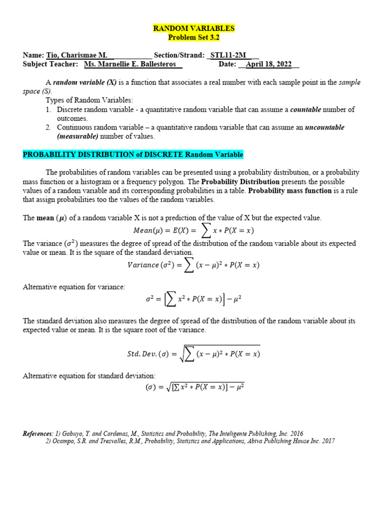 Tio - M2 - Random Variables PS 3.2-1 | PDF | Random Variable | Probability Distribution