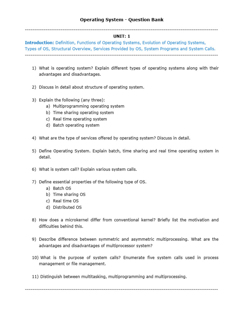 Question Bank - Operating System - Unit - 1 To 6 | PDF | Process (Computing) | Scheduling ...