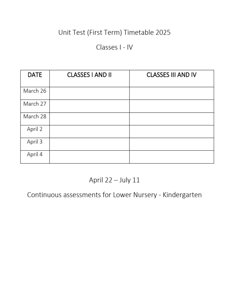 Timetable For Unit & Block Tests First Term 2025 | PDF